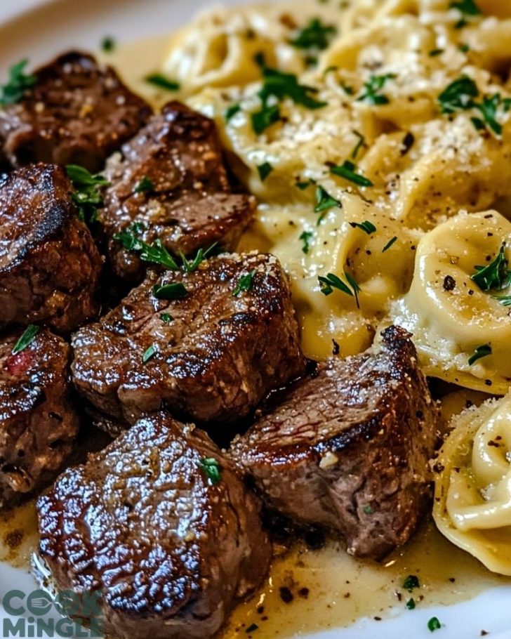 Garlic Butter Steak Bites & Creamy Alfredo Tortellini - Cook Mingle