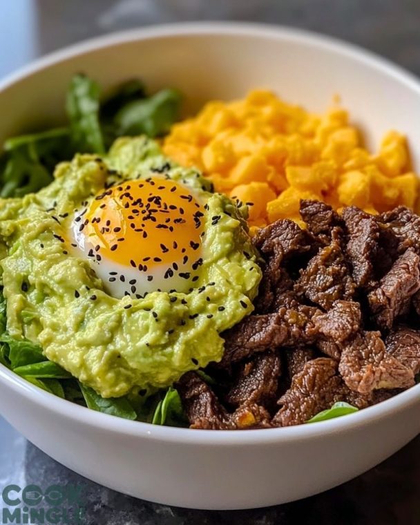 Beef Cheddar Egg & Guac Power Bowl - Cook Mingle