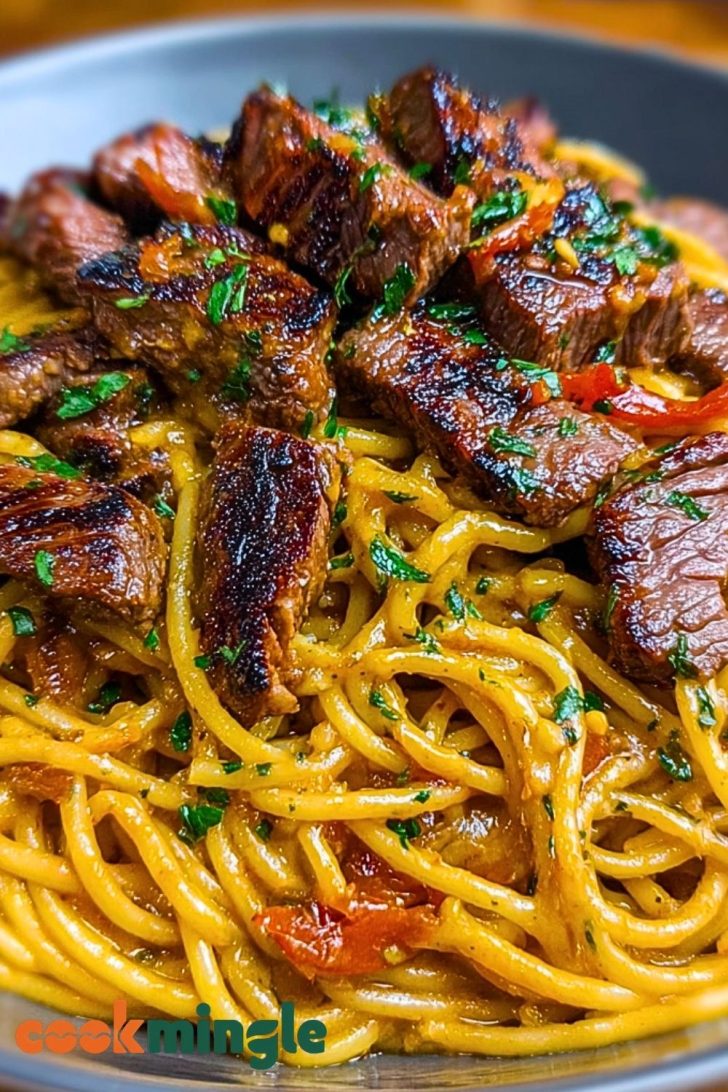 Creamy Cajun Garlic Butter Spaghetti with Beef Strips - Cook Mingle