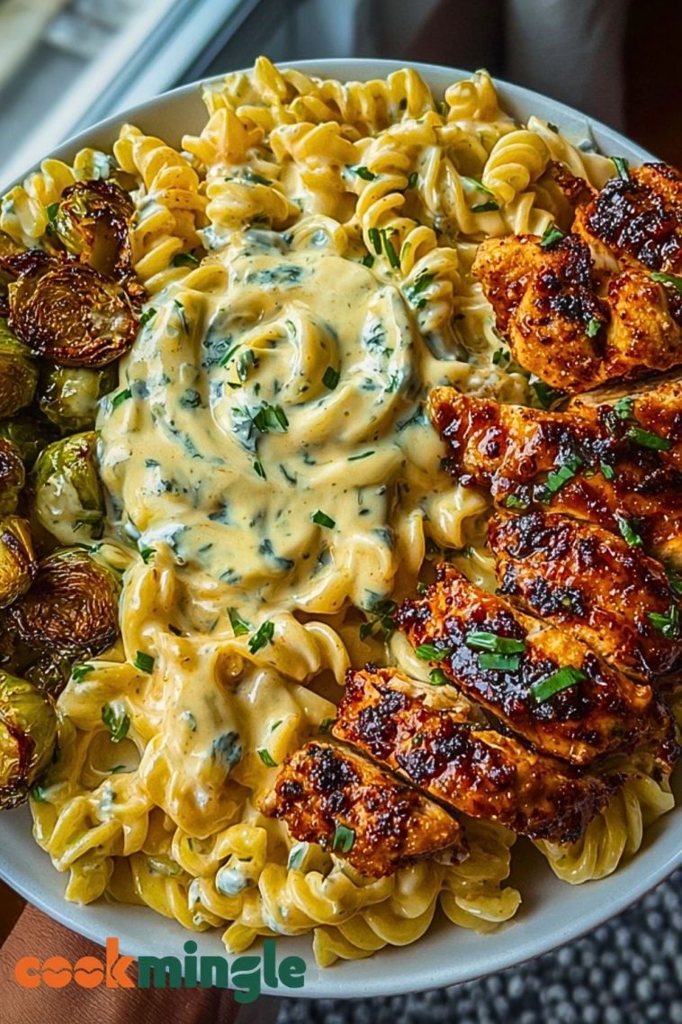 Hot Honey Cajun Chicken Alfredo with Basil Feta Swirl & Crispy Brussels ...