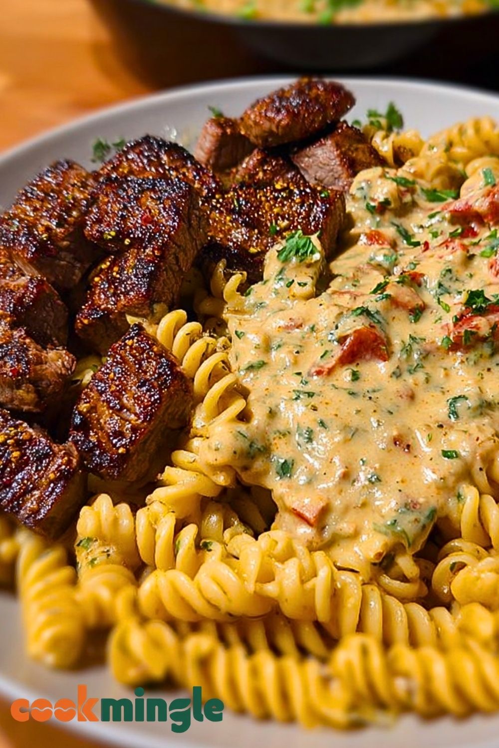 Steak Bites in Garlic Parmesan Sauce over Rotini - Cook Mingle