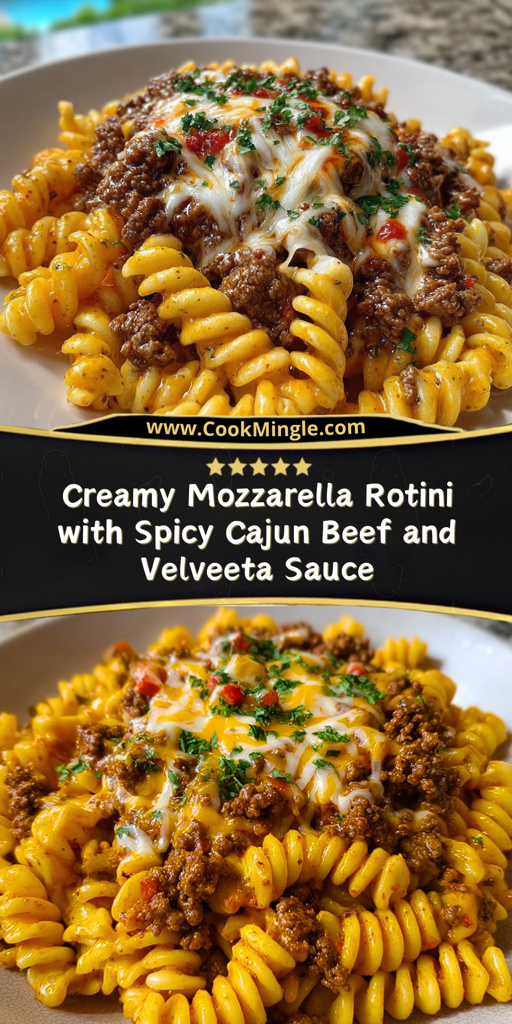 Creamy Mozzarella Rotini with Spicy Cajun Beef and Velveeta Sauce ...