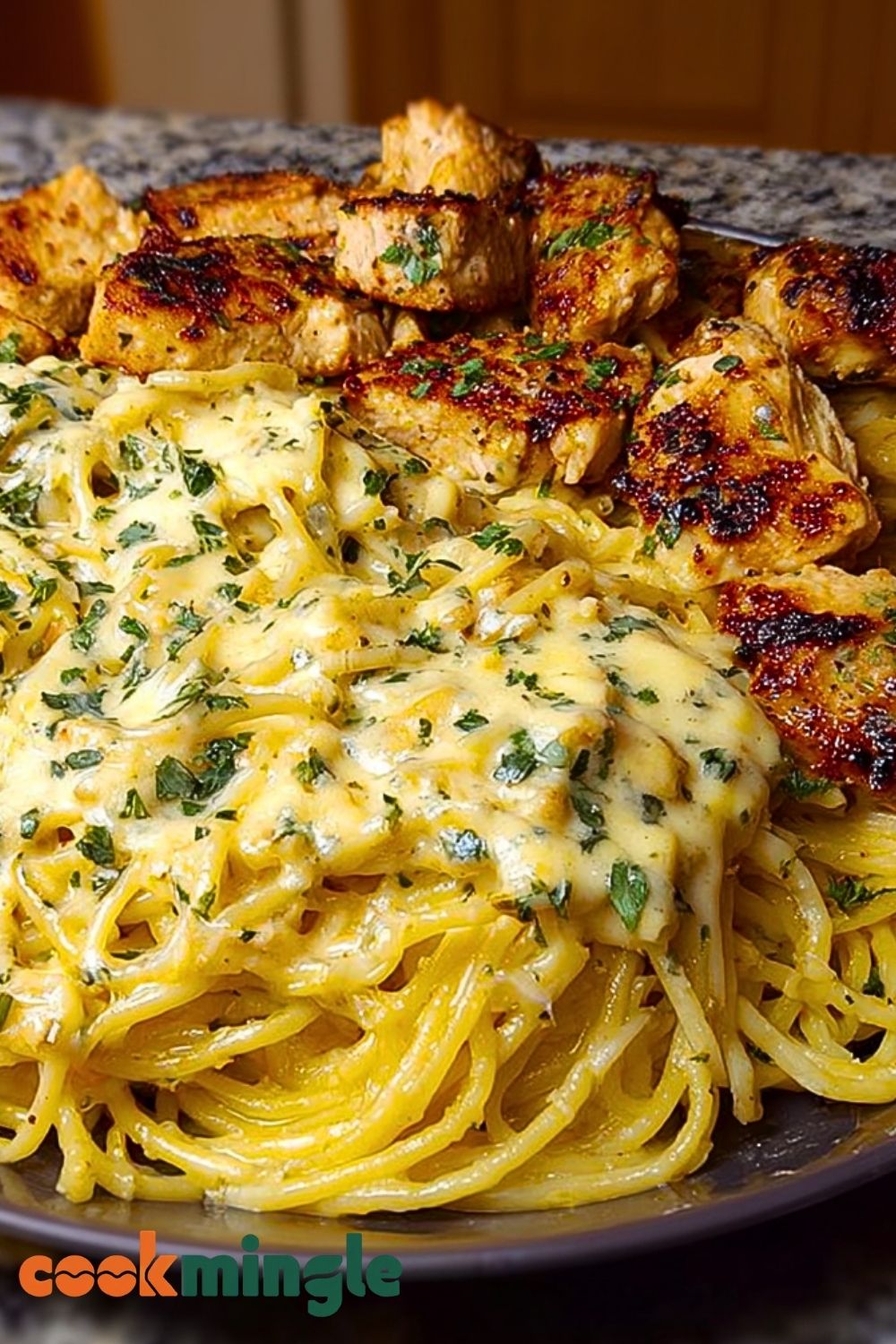 Creamy Velveeta Chicken Spaghetti with Mozzarella Garlic Cheese Sauce ...